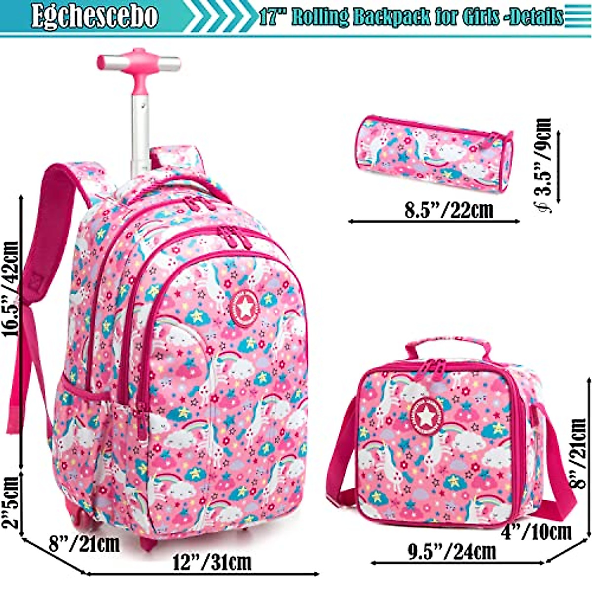 Egchescebo Girls Rolling Backpacks with Wheels 3PCS Unicorn Backpack Set for School Wheeled Luggage Suitcase Lunch Box Pencil Case Large Capacity Bookbag Adjustable Trolley for Elementary Travel Red