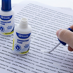 BAZIC Correction Fluid (0.7 oz / 20 ml), Soft Bristle Brush Applicator, Instant Corrections Pen White Out Wipe Out Liquid (2/Pack), 1-Pack