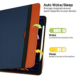 for iPad Air 5th Generation Case 2022/ 4th Generation 2020 10.9 Inch with Pencil Holder, Folio Stand Leather Cover with Multiple Angles & Auto Sleep/Wake for iPad Air 5/4 Case, NavyBlue/Brown