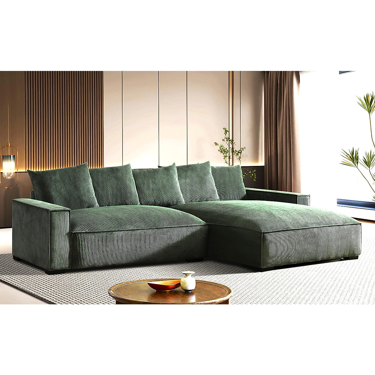 Container Furniture Direct Luxe Large Two-Piece Right Facing Sectional Sofa for Living Room, 106.7-Inch L Shaped Loveseat and Chaise, Upholstered with Corduroy Fabric, 3, Dark Green