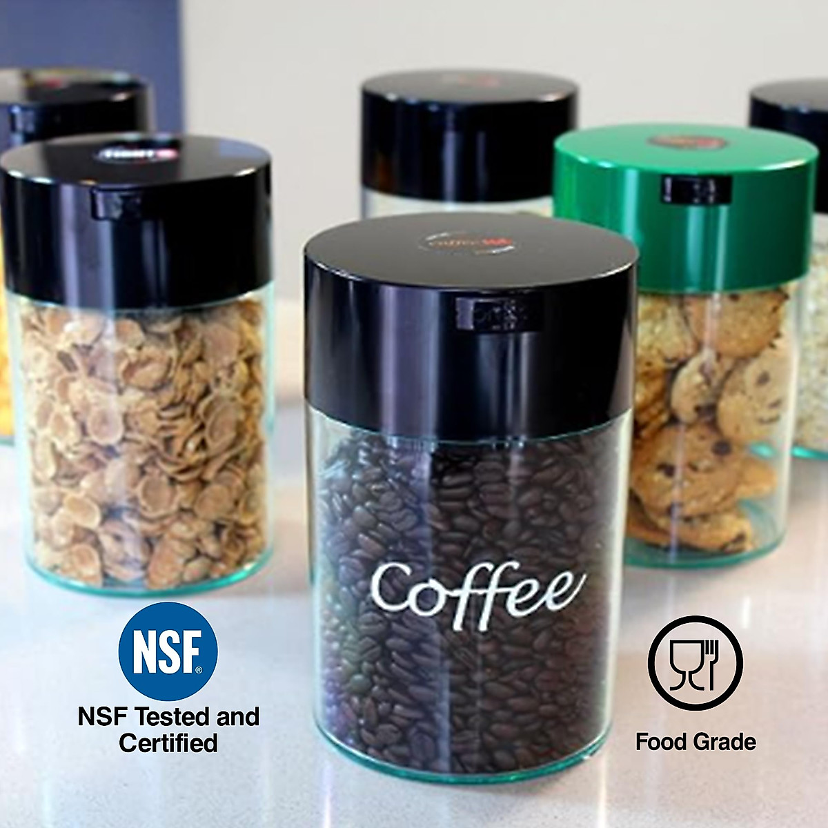 COFFEEVAC 1LB Patented Airtight Multi-use Vacuum Works as Smell Proof Ground Coffee Bean Containers. Black Cap and Body, 1.85-Liter/1.6-Quart