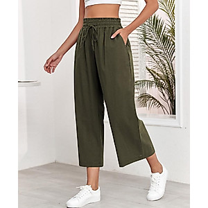 REDMORE High Waisted Linen Pants for Women Summer Wide Leg Capris Lightweight Casual Drawstring Trousers Palazzo Pants Army Green