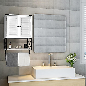 HOKYHOKY Bathroom Medicine Wall Cabinet, Bathroom Hanging Storage Cabinets with Louver Doors, Medicine Cabinet Organizer Wall Mounted with Towel Bar, White