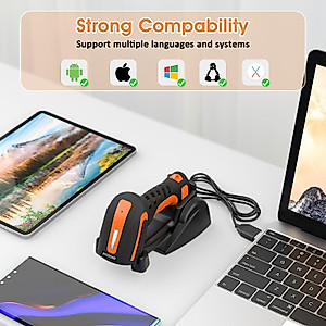 Symcode Bluetooth 2D QR Barcode Scanner with Stand,Industrial Dustproof and Waterproof 3 in 1 Compatible with Bluetooth & 2.4GHz Wireless & Wired Connection with Vibration Alert