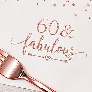 Crisky Rose Gold Foil 60 Fabulous Napkins Plates Cups Set for Women 60th Birthday Party Decorations Supplies, Disposable Tableware Set of 24 (9" Plates, 7" Plates, Luncheon Napkins, 9oz Cups)