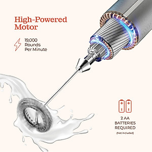 Powerful Handheld Milk Frother, Mini Milk Foamer, Battery Operated (Not included) Stainless Steel Drink Mixer with Frother Stand for Coffee, Lattes, Cappuccino, Frappe, Matcha, Hot Chocolate.