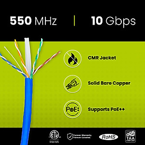 TRUE CABLE Cat6 Riser (CMR), 1000ft, Blue, 23AWG 4 Pair Solid Bare Copper, 550MHz, ETL Listed, Unshielded Twisted Pair (UTP), Bulk Ethernet Cable