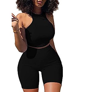 LYANER Women's 2 Piece Sleeveless Crew Neck Crop Sport Tank Crop Top and High Waist Running Shorts Yoga Sets Black X-Large