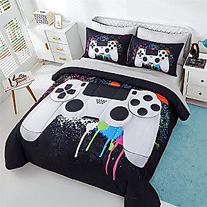 KAKKI 5 Piece Boys Full Gamer Comforter Set with Sheets, 3D Colorful Video Game Controller Comforter for Kids Teen, All Season Soft Microfiber Gaming Bedding Set(White,Full)