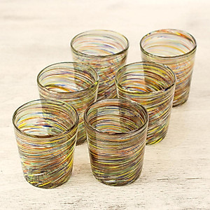 NOVICA Rainbow Centrifuge Hand Blown Multicolor Recycled Glass Water Glasses, 11 Oz, (Set Of 6)