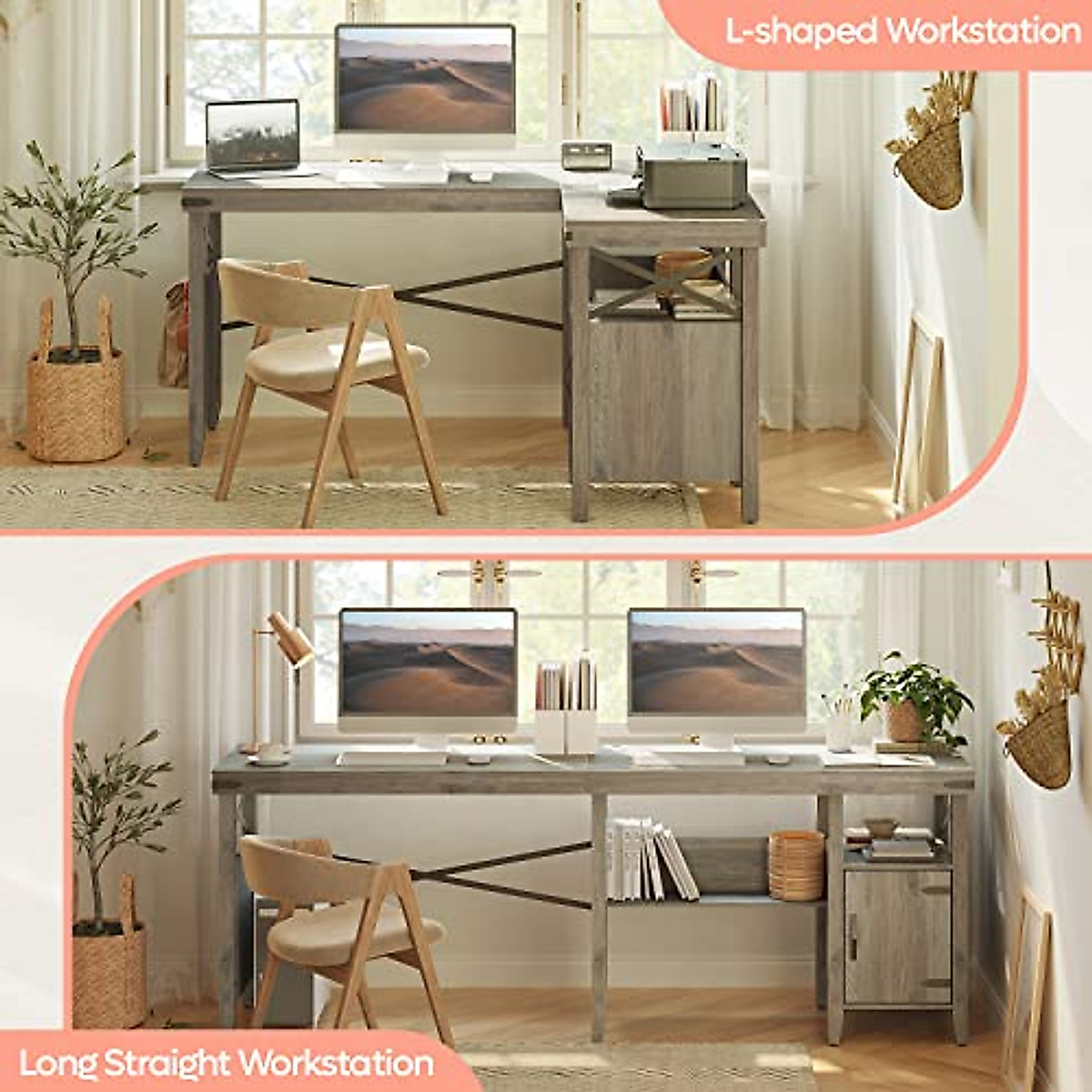 Bestier L-Shaped Home Office Computer Desk with Storage Cabinet & Bookshelf, Farmhouse Office Table for Writing Study, 60 x 42 Inch Convertible Corner Workstation Table with Shelves, Gray
