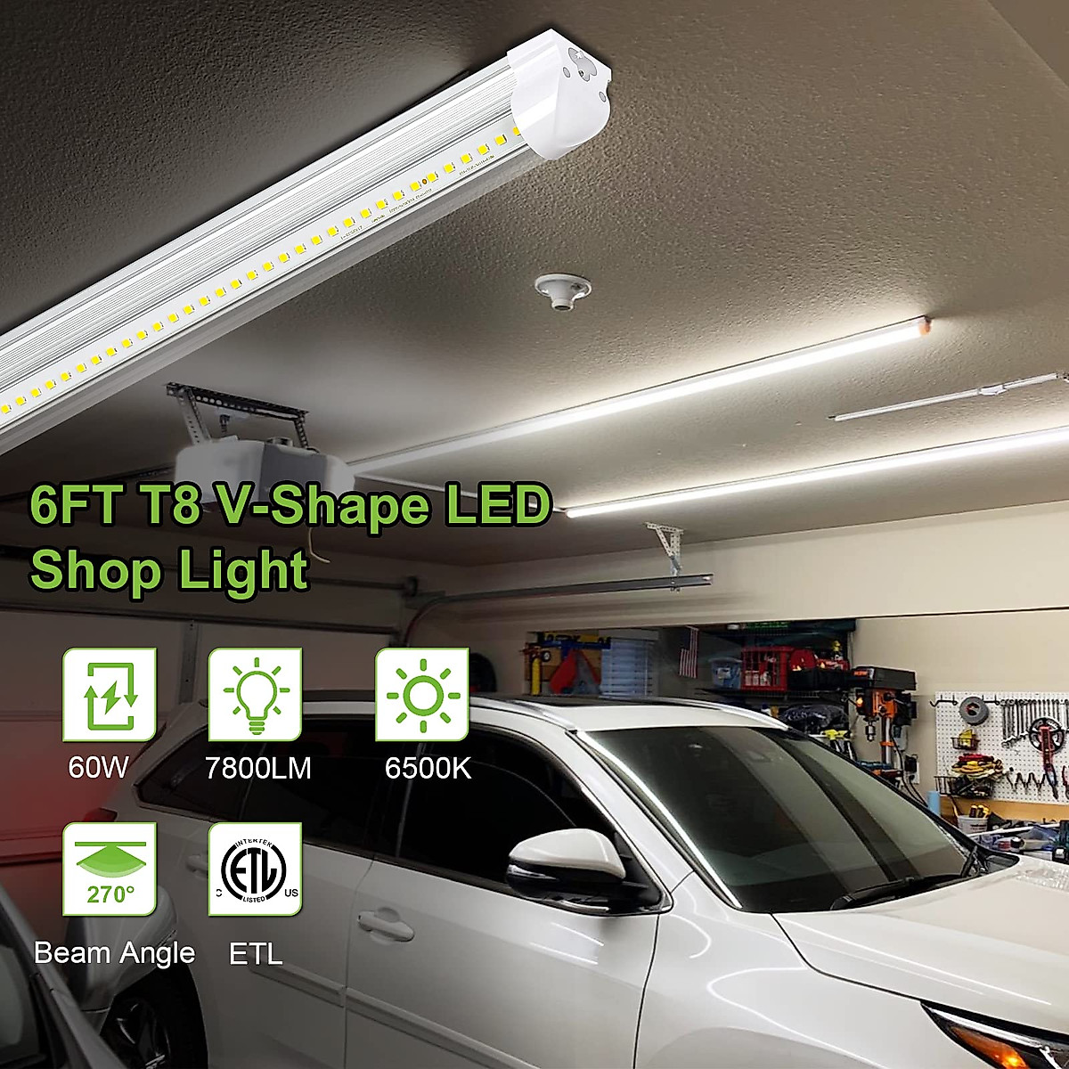 hykolity 60W 6FT LED Shop Light, 7800lm 6500K Super Bright White Linkable Ceiling Light Fixture, V Shape Integrated T8 LED Tube Light with Built-in ON/Off Switch for Workbench, Cabinet, ETL, 4 Pack