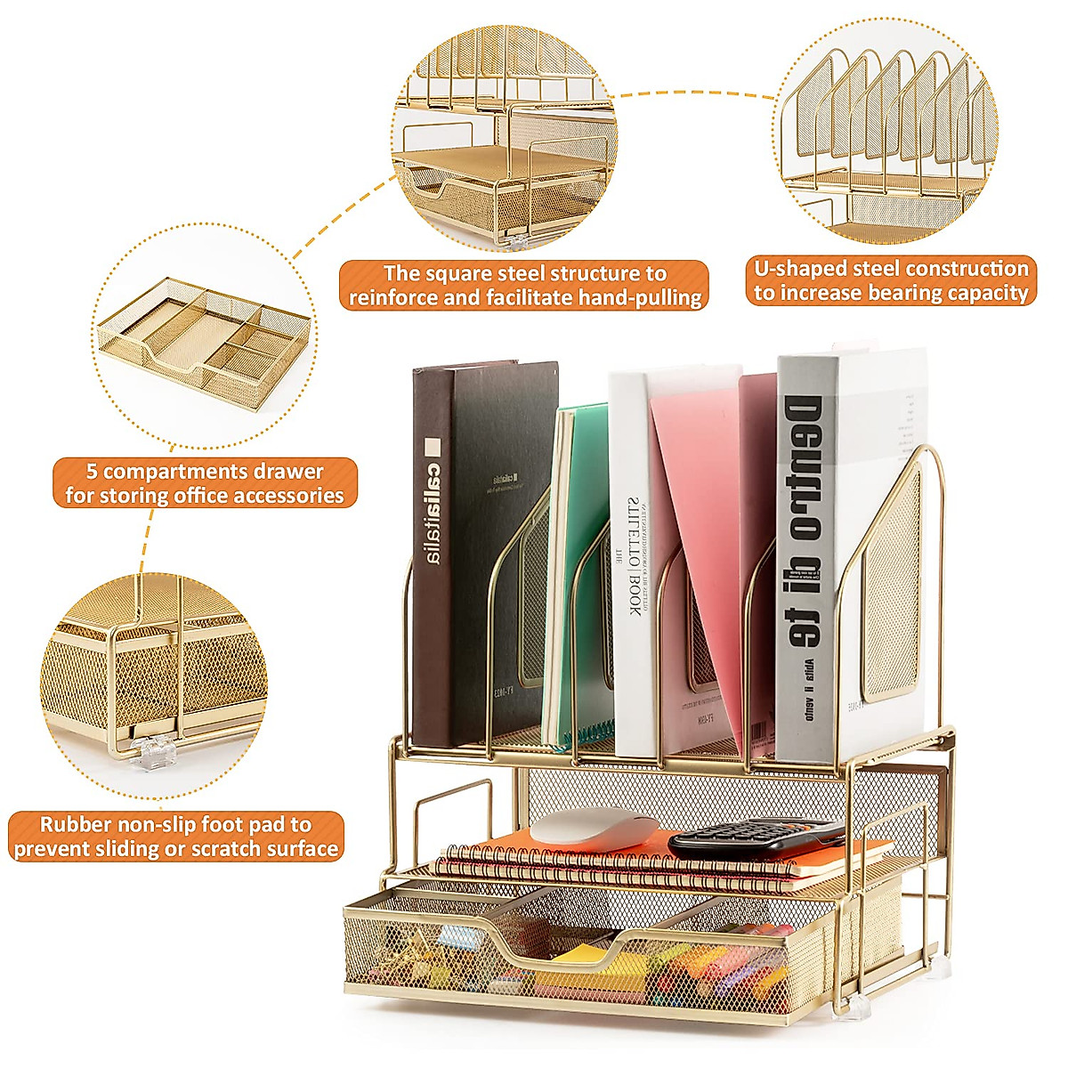 Beiz Gold Desk Organizer and Accessories Storage with 5 Vertical File Folder Holders, 2 Paper Tray, Drawer for Women Office, Home, Dorm, Workspace to Collect Office Supplies