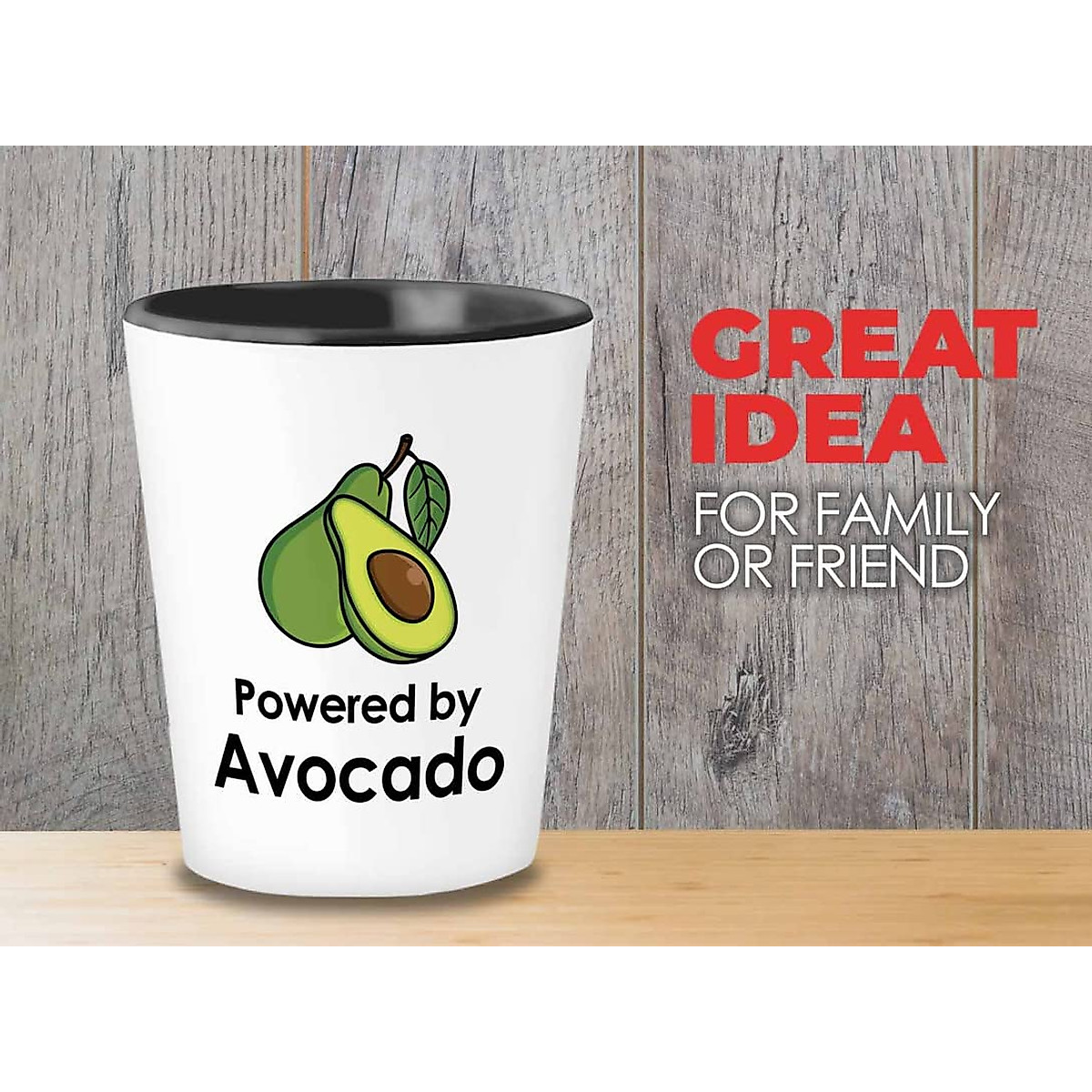 Flairy Land Vegan Shot Glass 1.5oz - Powered by Avocado - Fruitarian Herbivorous Vegetarian Diet Healthy Plant Based Gluten Free Veggie Veganism