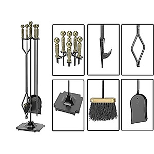 CALIDOLA 5 Pieces Fireplace Tool Set, Cast Iron Hearth Accessories Tools with Antique Brass Handles