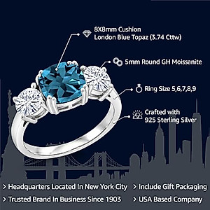 Gem Stone King 925 Sterling Silver London Blue Topaz and White Moissanite 3 Stone Engagement Ring For Women (3.74 Cttw, Gemstone November Birthstone, Cushion 8MM, Size 6)
