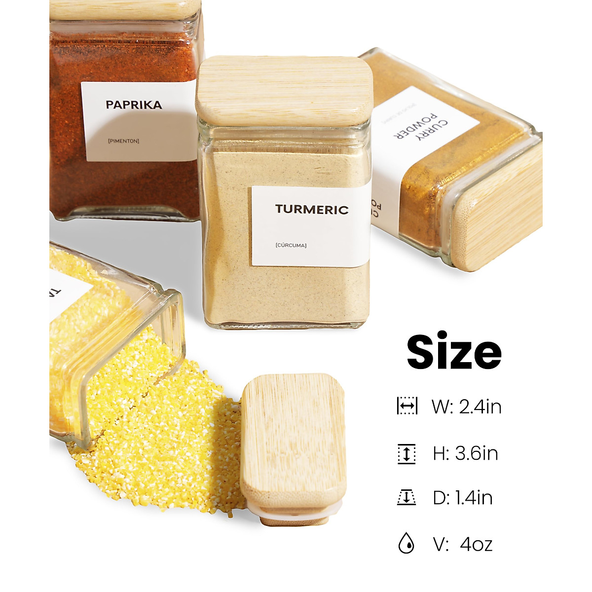 Glass Spice Jars with Labels - 4oz Glass Jars with Bamboo Lids, Square Spice Jars with Labels, Empty Spice Bottles for Seasoning Organizer, Spice Drawer Organizer and Kitchen Storage, 12 Pack, White