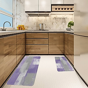 RYANZA 2 Pieces Kitchen Rugs, Abstract Anti Fatigue Non Slip Foam Cushioned Purple and Grey Art Painting Comfort Indoor Floor Mat Runner Rug Set for Laundry Office Sink Bathroom (17"x48"+17"x24")