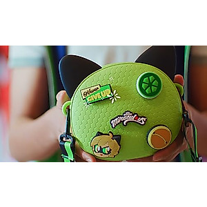 Miraculous Ladybug - Pop n' Swop Cat Noir Green Crossbody Bag with 4 Clip-on Badges, Cat Paw Zipper, Adjustable and Detachable Strap, Removable Ears, Lightweight Durable Waterproof Purse (Wyncor)