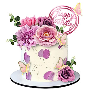 20 PCS Flower Cake Toppers Butterfly Cake Decorations Happy Birthday Cake Toppers with Pink Purple Flowers Eucalyptus Butterflies for Birthday Party Wedding Baby Shower Supplies (Pink Purple)