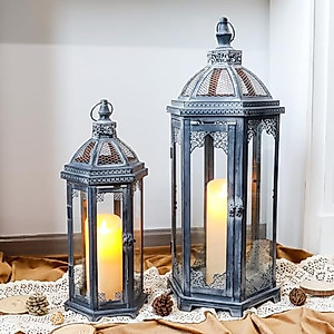 Set of 2 Outdoor Lantern 24.5"&18" High Decorative Candle Lanterns Metal Candle Holder with Tempered Glass Fall Decorations for Home Garden Patio Living Room Indoor Home Yard Hallway Doorway(Grey)