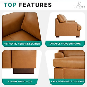 Naomi Home Siggy Genuine Leather Loveseat - Luxurious Comfort, Goose Feather Cushion Filling, Square Arm Design, Sturdy Block Legs, Elegant Tan - Ideal for Living Room, Office, or Bedroom