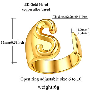 FindChic Initial Ring, Gold Letter Ring, Alphabet S Statement Adjustable Open Rings for Women, Stackable Ring 18K Gold Plated Wedding Band Rings Jewelry Gift
