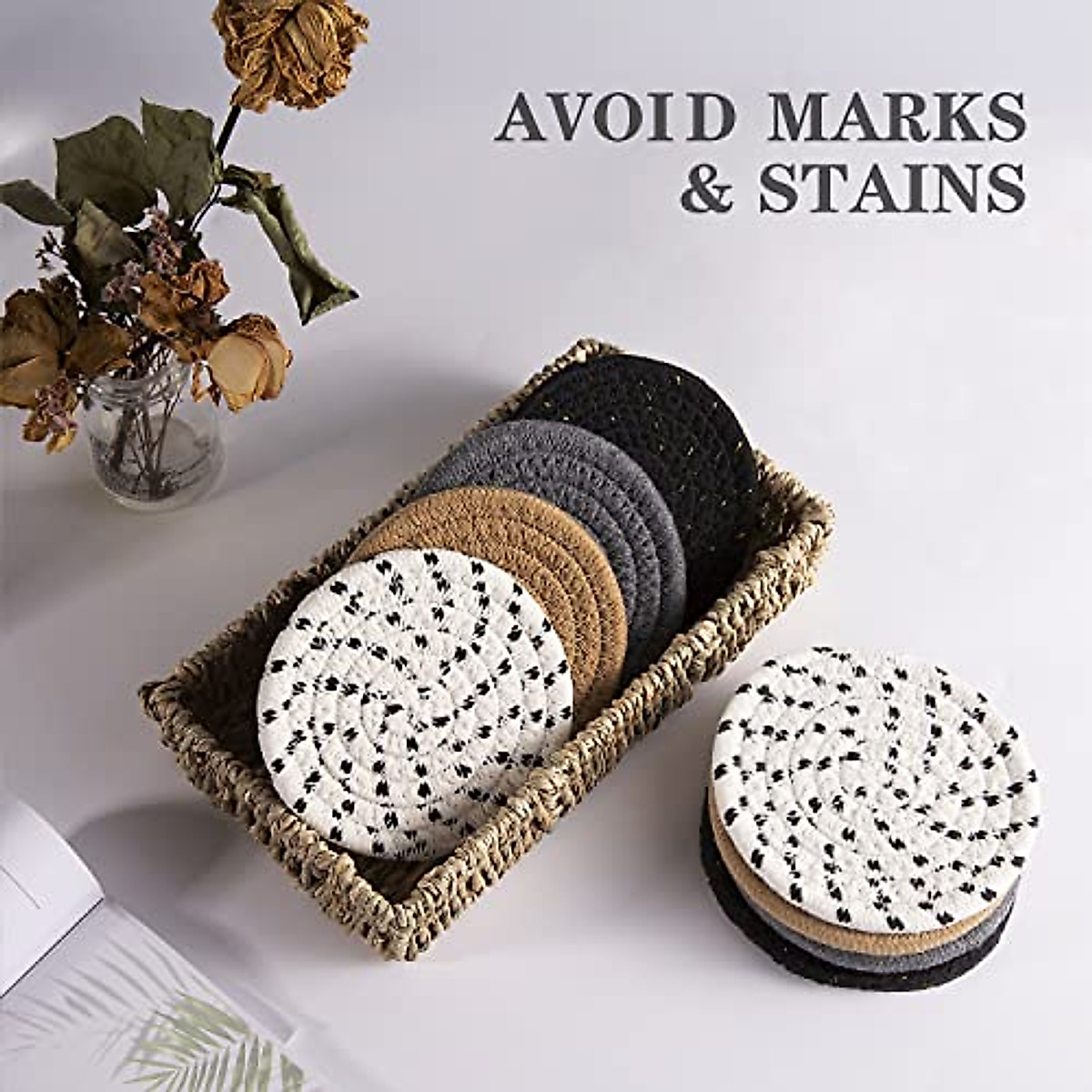 Coasters for Drink Absorbent, Handmade Woven Coasters Set of 8 with Seagrass Basket Holder, Heat-Resistant Coaster for Table Protection, Boho Fabric Coasters Suitable for Kinds of Cups