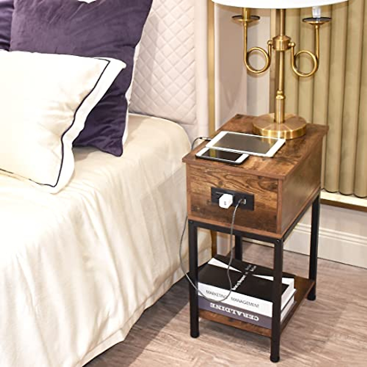 SZLHANJZ Nightstand with Charging Station, Narrow End Table with Storage Drawer, Wood & Metal Narrow Nightstand 2 Tier, Small Sofa Bed Side Table for Living Room Bedroom Dorm, Dark Brown