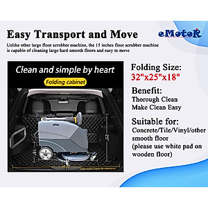 Emotor 15'' Foldable Walk Behind Hand Push Floor Scrubber Machine for Industrial Commercial Use, Upgrade Automatic Water Flow, Machine Size 32"X18"X25"(Gray)