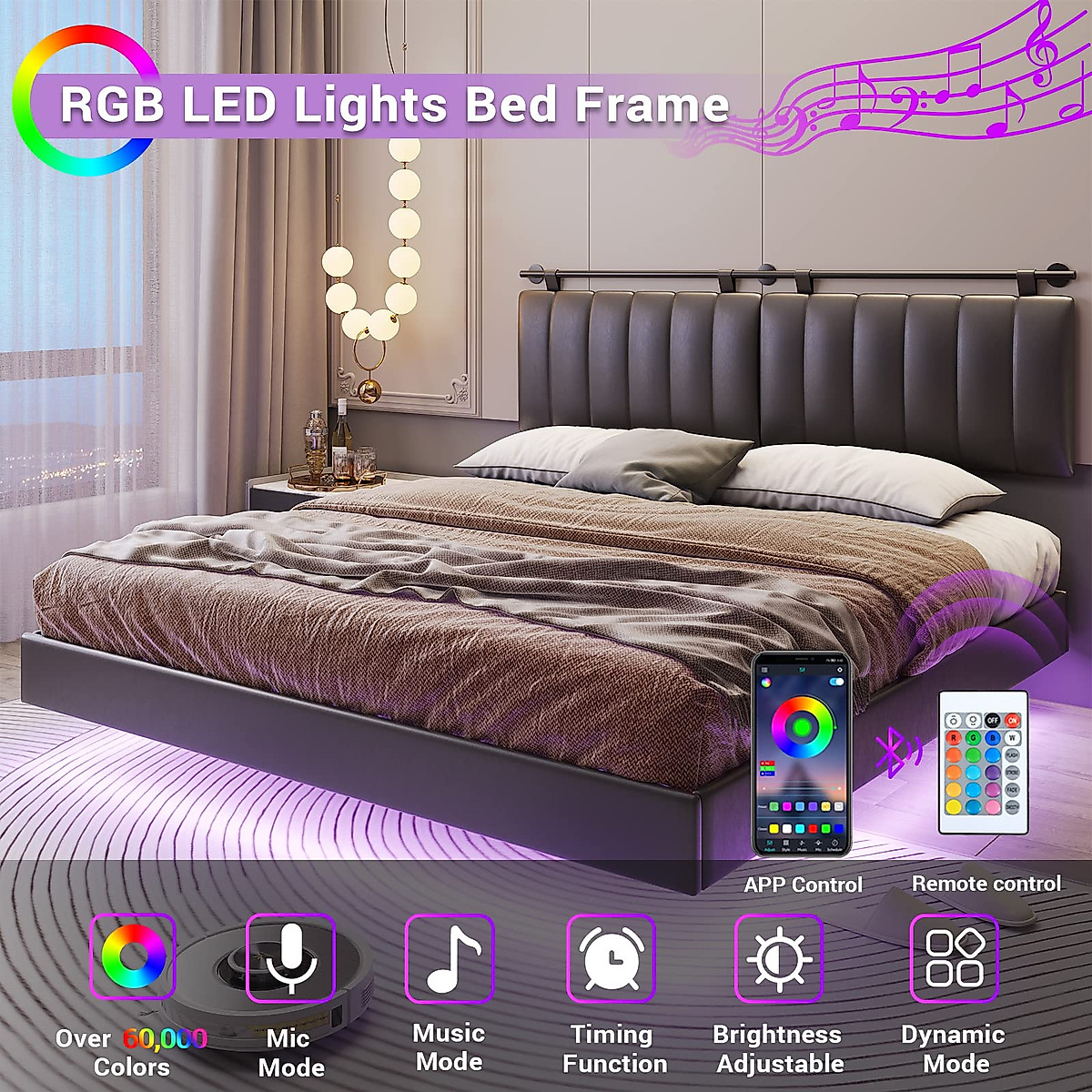 DICTAC Floating King Bed Frame with RGB LED Lights Modern Upholstered King Size Led Bed Frame with Wall Mounted Headboard,No Box Spring Needed,White