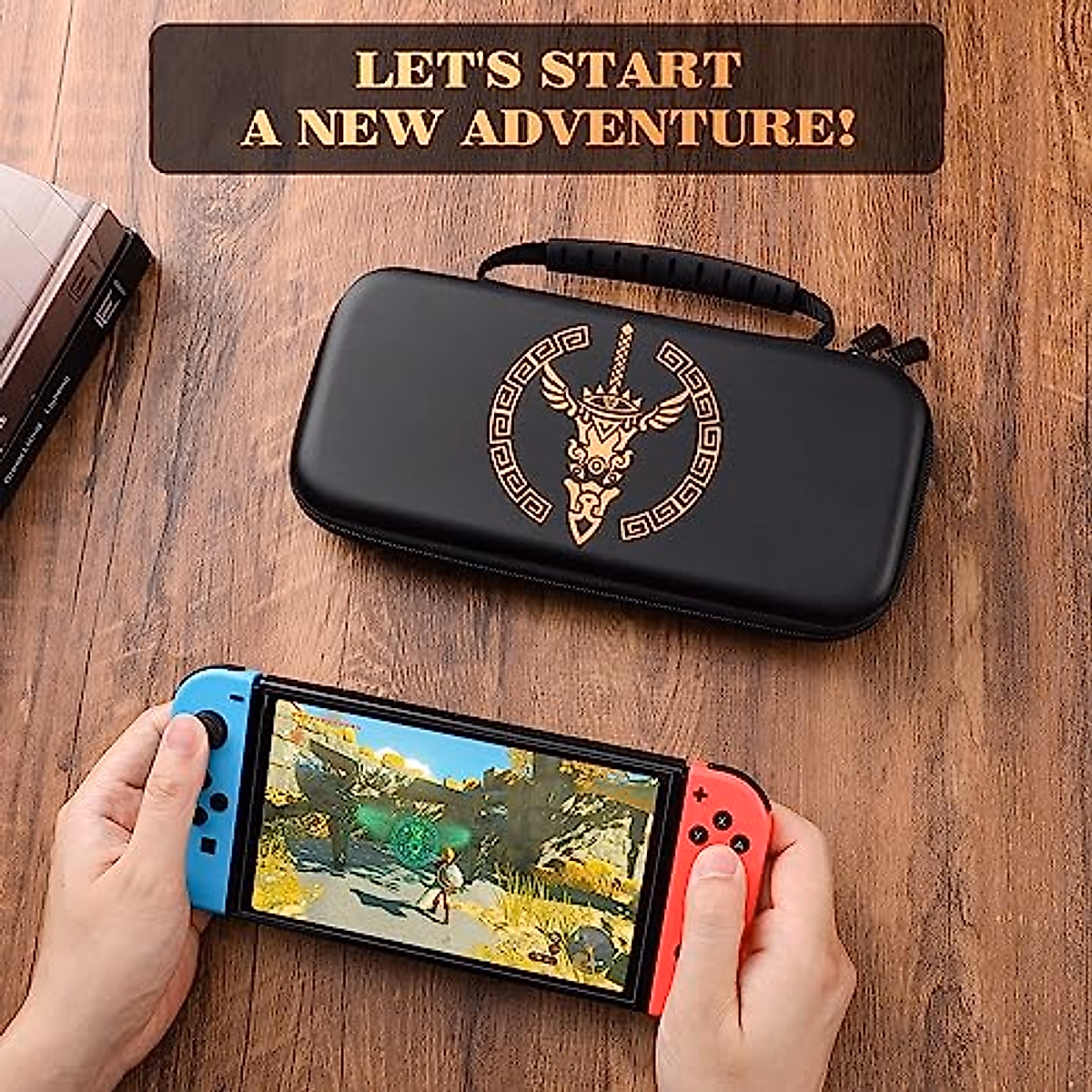 MoKo Carrying Case for Nintendo Switch OLED/Nintendo Switch, Hard Shell Travel Carry Case w/10 Games Slots, Zelda Switch Case for Zelda Tears of the Kingdom & Nintendo Switch Accessories, Black Golden