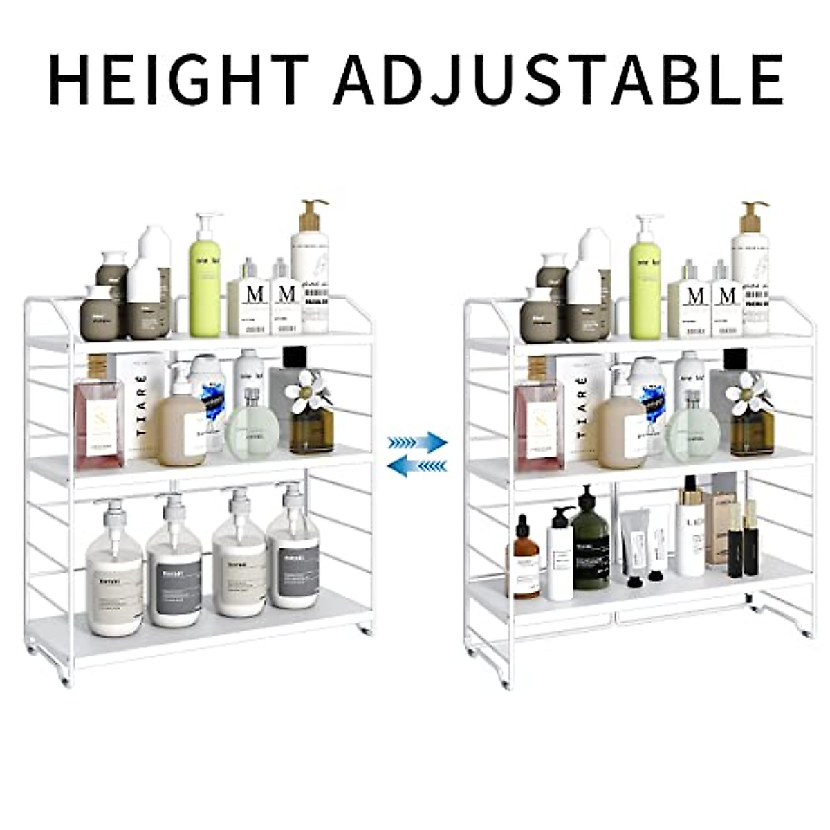 BOIVSHI 3-Tier Bathroom Countertop Rack Organizer, 8-Levels Height Adjustable Organizer Countertop Storage Shelf for Bathroom Kitchen Spice Rack Vanity Tray Cosmetic Storage Holder, Metal White