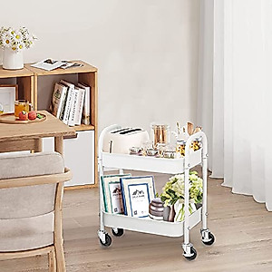 2 Tier All-Metal Rolling Cart,Rolling Storage Cart with Handle and Locking Wheels Kitchen Cart,Laundry Office Bathroom Storage Organizer Cart with Wheels, White
