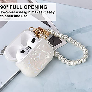 Glitter Shell Design for AirPods 3 (2021)with Pearl Wrist Chain Keychain,Colorful Sparkle Bling Pretty Cute Protective Skin Cover for Airpods 3rd Generation for Women Girls Soft TPU Shock Proof-White