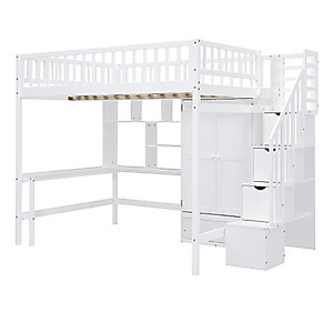Merax Full Loft Beds Stairway Loft Bed Frame with Wardrobe, Desk, Bookshelf and Drawers, White