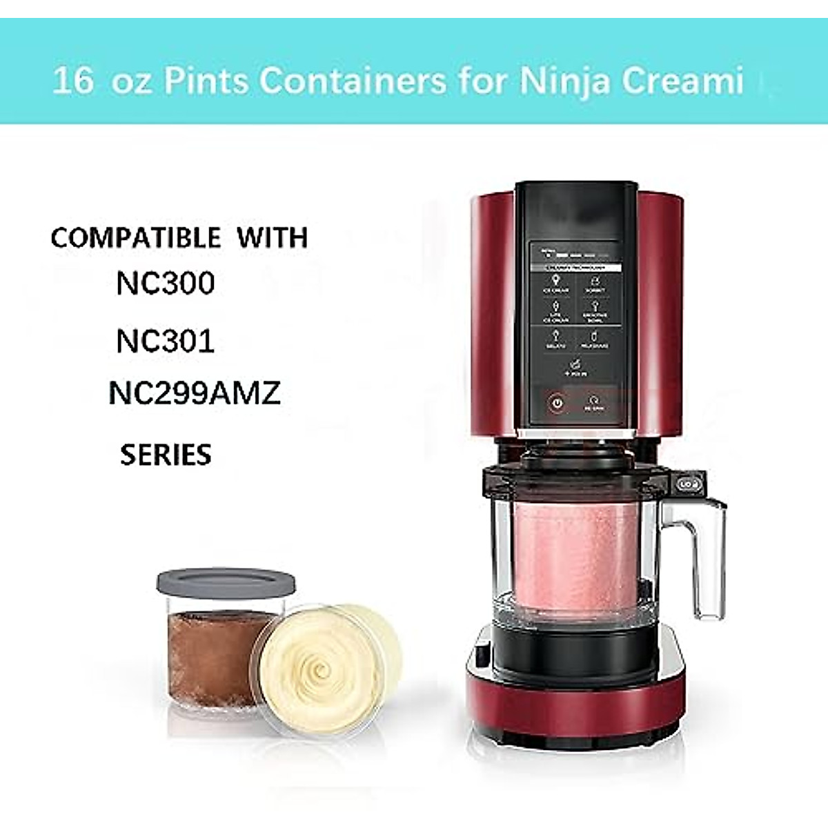 WHSSFINE Replacement Ice Creanm Pint Containers and Lids for Ninja Creami 16oz Cup Compatible with NC300 NC301 NC299AMZ Series Ice Cream Maker Leakproof Reusable Dishwasher Safe Set of 4