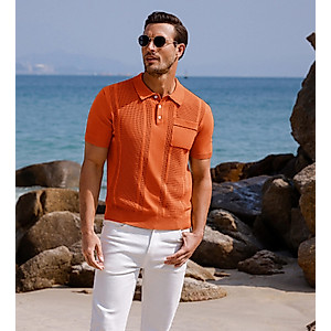 GRACE KARIN Mens Vintage Button Down Polo Shirts Lapel Collar Italian Pullover Knitwear Tops Orange XL