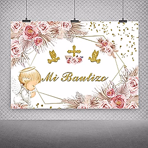5x3ft Mi Bautizo Backdrop for Girl Baptism Gold Bless Background Boho Pink Flower Golden Dots Photography Baby Shower Banner Party Decorations Floral Newborn Photo Booth Props Supplies