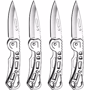 4 Pack Self-Defense Folding Knife With Key Ring Easy To Everyday Carry, Outdoor Survival Stainless Steel Pocket Knife (Silver)