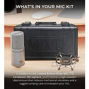 blucoil MXL 770 Cardioid Condenser Microphone (Silver) Bundle 20-FT Balanced XLR Cable, Pop Filter Windscreen, Adjustable Mic Stand, and 4-Pack of 12 Acoustic Foam Isolation Panel Wedges