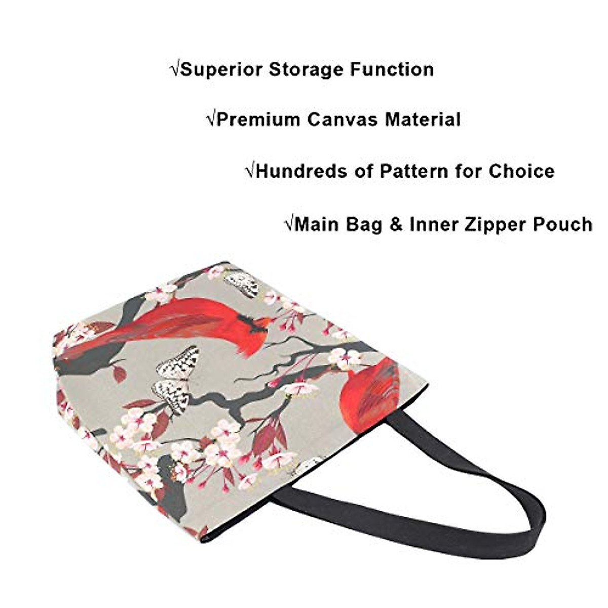 Cardinal And Blooming Cherry Canvas Tote Bag Reusable Grocery Bags Tote Carrying Bag with Handles