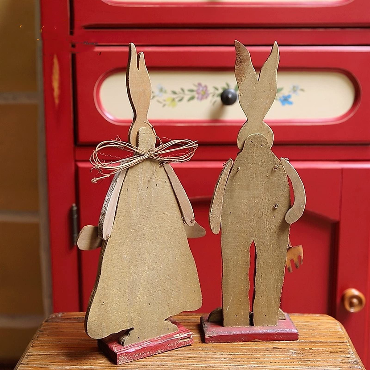 HANTURE 2pcs Easter Wood Bunny Tabletop Ornaments Farmhouse 15 Inch Cute Rabbit Couple Figuri Brownyellow