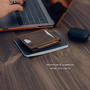 Andar The Apollo Leather Slim RFID Blocking Minimalist Bifold Wallet with Money Clip and ID Slot made of Full Grain Leather Elastic Pull Tab (Saddle Brown)