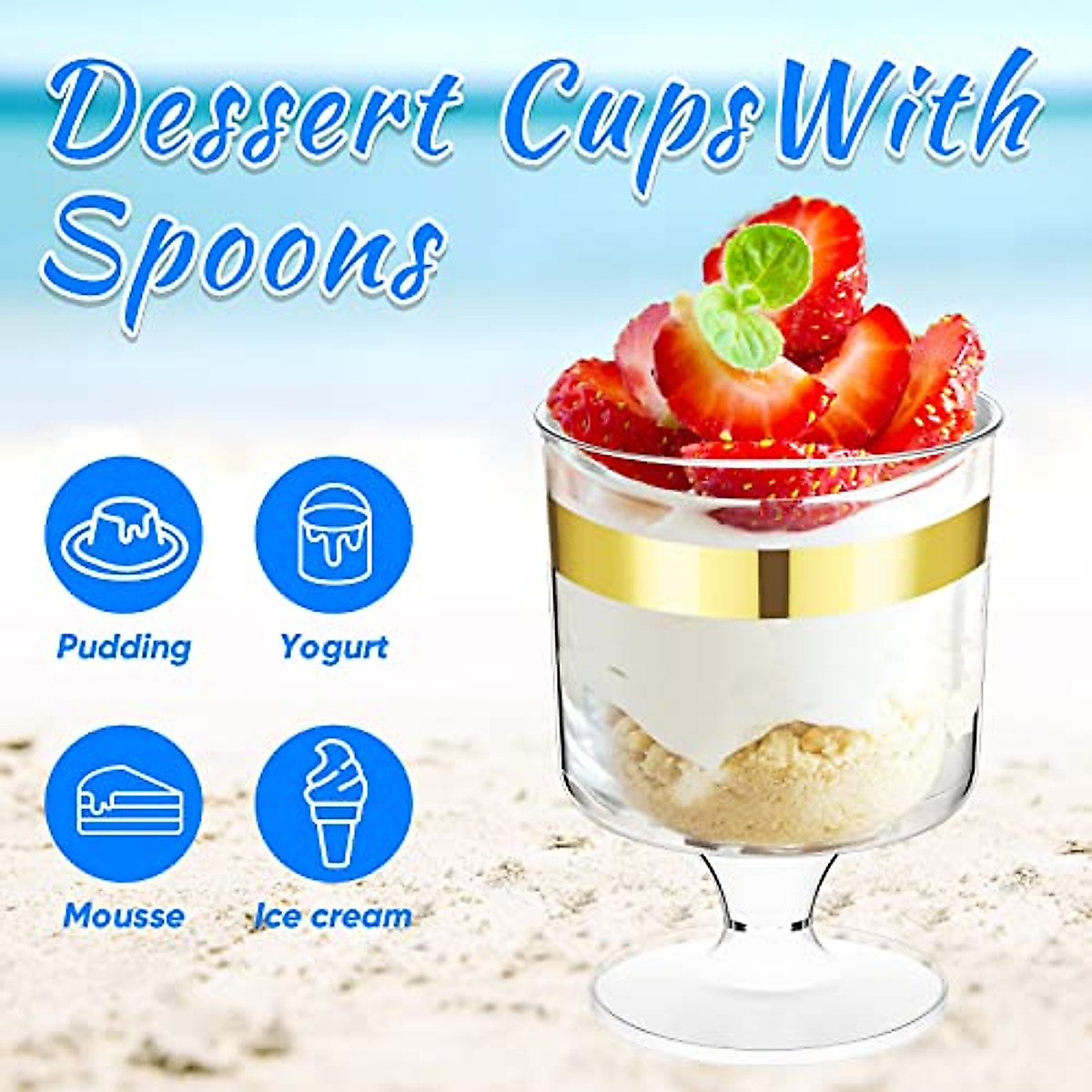 200 Pcs Mini Dessert Cups with Spoons Include 100 Pcs 5 oz Disposable Plastic Mousse Cups with Gold Rim 100 Pcs Gold Tasting Spoons Clear Plastic Parfait Glasses Dessert Bowls for Wedding Party