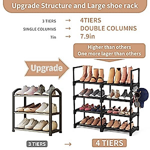 ROJASOP Shoe Rack Storage Organizer for Closet Entryway,16 Pairs 4-Tier Stackable Shoe Shelf for Hallway Bedroom Garage Dorm with Side Hooks Black Free standing Space Saving Shoe Tower