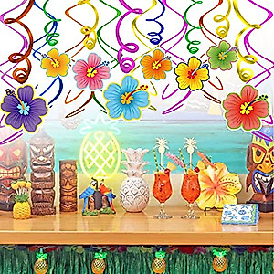 HOWAF 30 Pcs Hawaiian Tropical Luau Birthday Party Hanging Swirls Hibiscus Swirls Flower Foil Swirl Decorations Ceiling Decorations for Tiki Cocktail Beach Summer Party Decoration Supplies