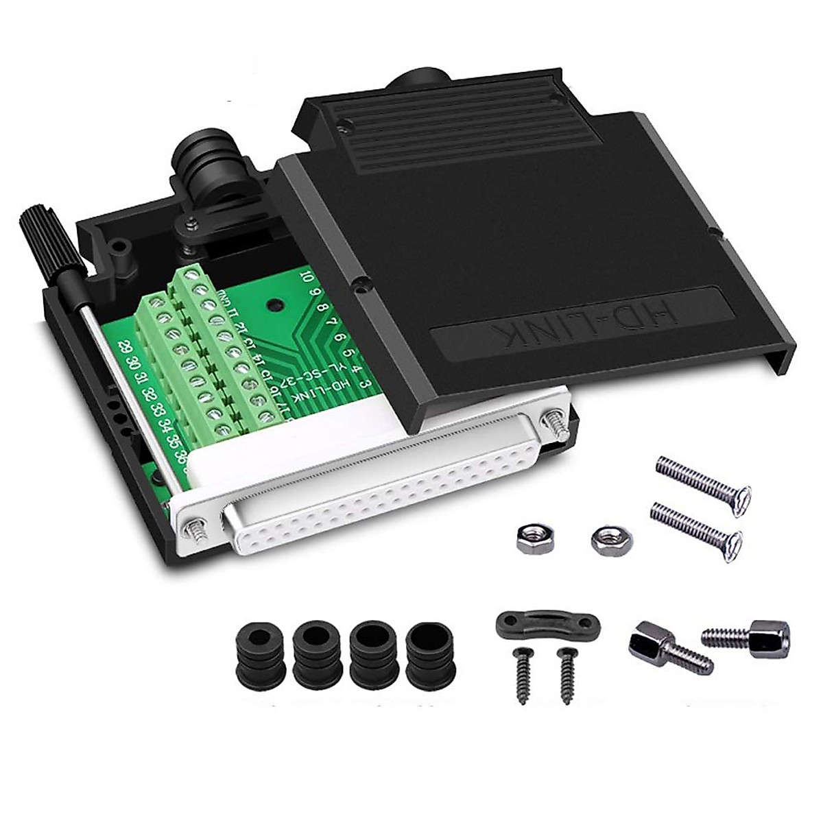 ANMBEST Thinner DB37 Solderless RS232 D-SUB Serial to 37-pin Port Terminal Female Adapter Connector Breakout Board with Case Long Bolts Tail Pipe