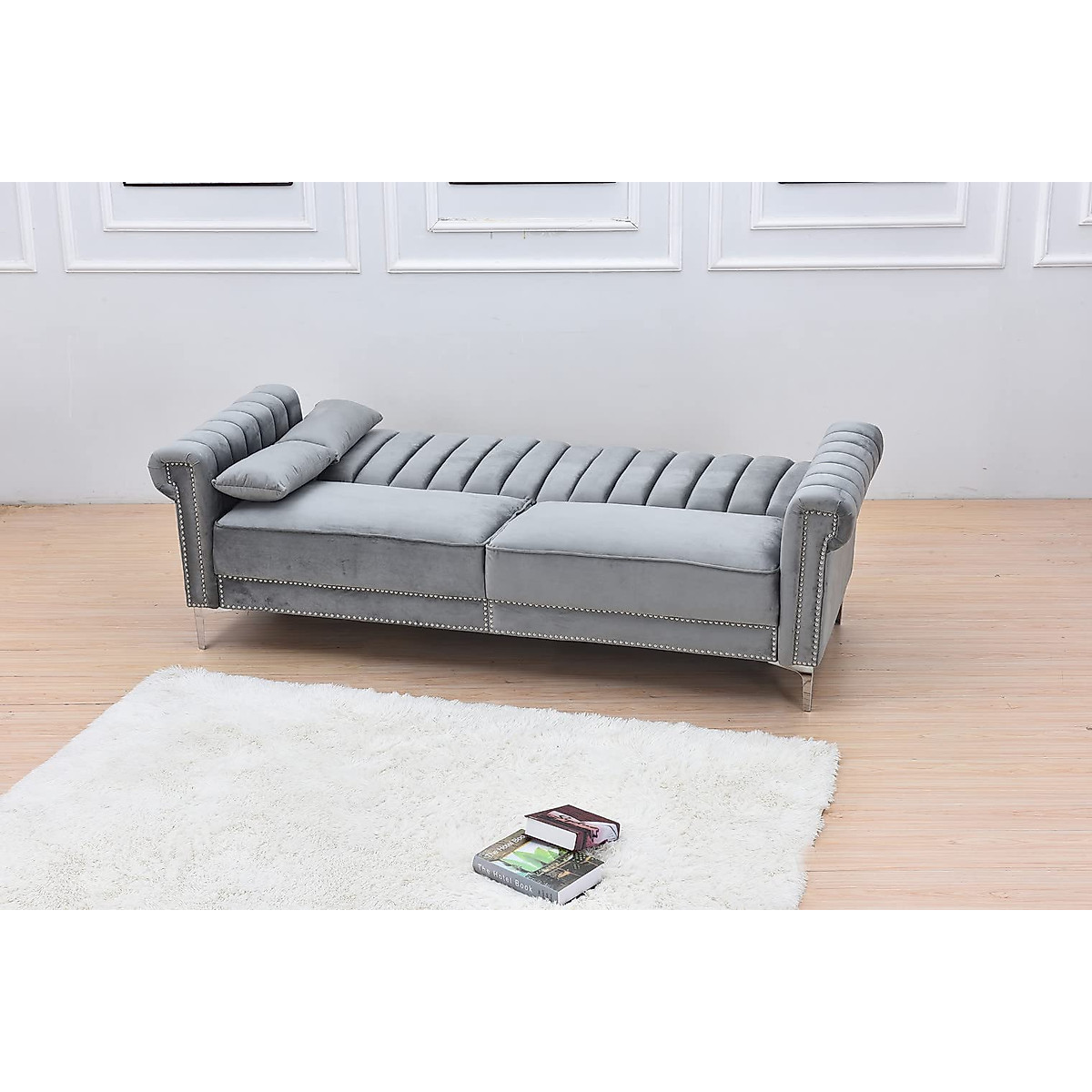 Legend Vansen Loveseat Tight Back Convertible Velvet Sofa Sleeper Living Room and Bedroom Sofabed, 85'' Wide, Grey