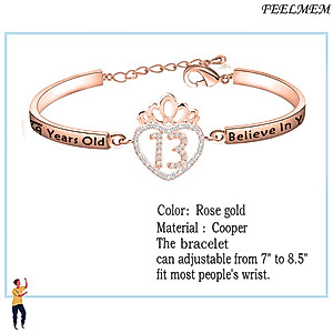 FEELMEM Birthday Gifts Bracelet 12th 13th 16th 18th 30th 40th Crown Queen Charm Bracelet Birthday Gift for Daughter Niece (13th-Rose gold)